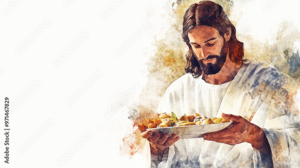 Jesus feeding the five thousand with loaves and fish, illustrated in ...