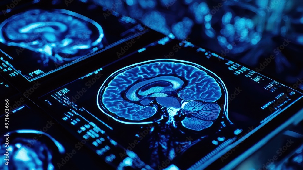 Close-up of multiple MRI scans showing cross-sections of the human ...