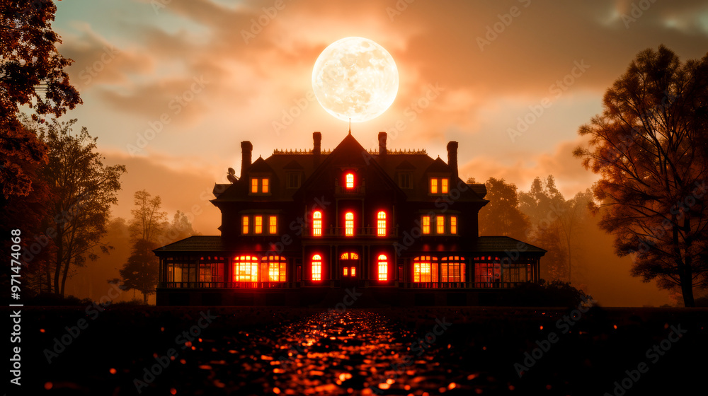 Haunted Mansion Under Blood Moon: A chilling silhouette of an old ...