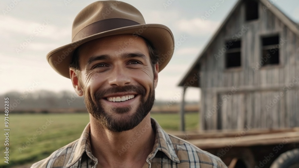 Handsome village man in a hat and traditional village attire, standing ...