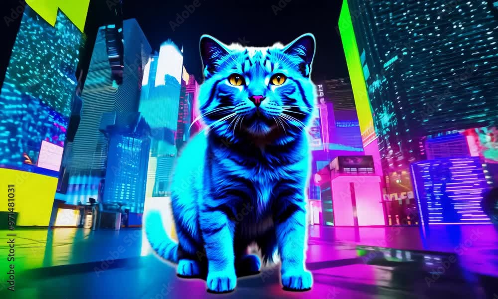 A bright blue cat in flashy rapper attire confidently walks through a ...