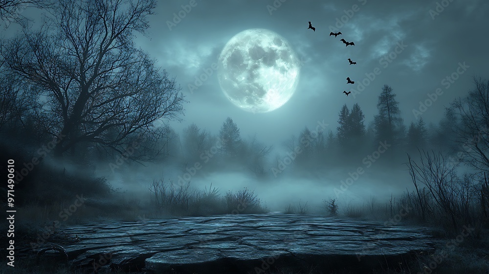 Dark, misty night with a large, luminous full moon illuminating a fog ...