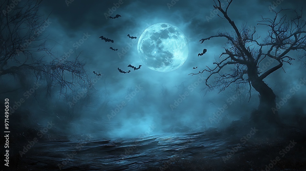Dark, misty night with a large, luminous full moon illuminating a fog ...