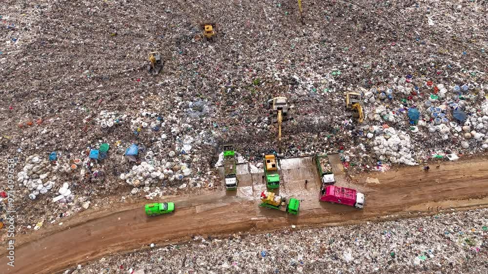 Time-lapse aerial view of large garbage, waste, landfill, workers ...