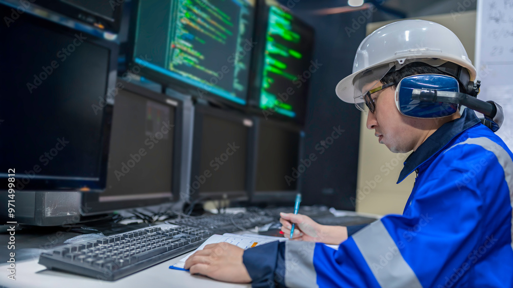 Inside the large Industry Factory Female Computer Engineer Works on ...