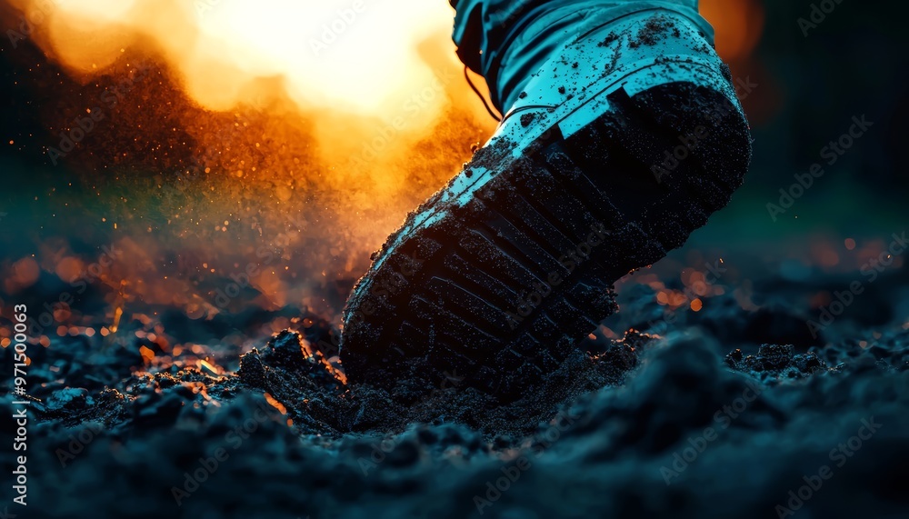 Detailed astronaut footprint embedded in moon dust, illuminated by soft ...