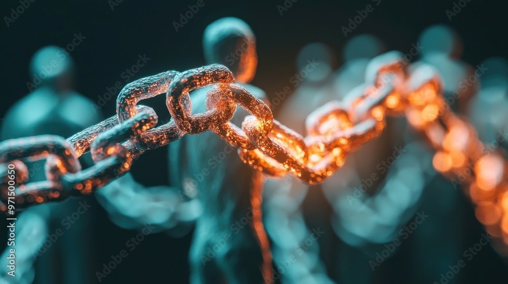 A broken chain of interconnected human figures, with one link glowing ...