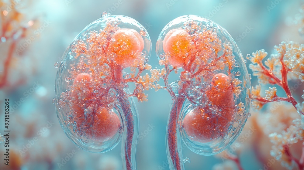 Realistic representation of colorful human kidneys left and right. Each ...