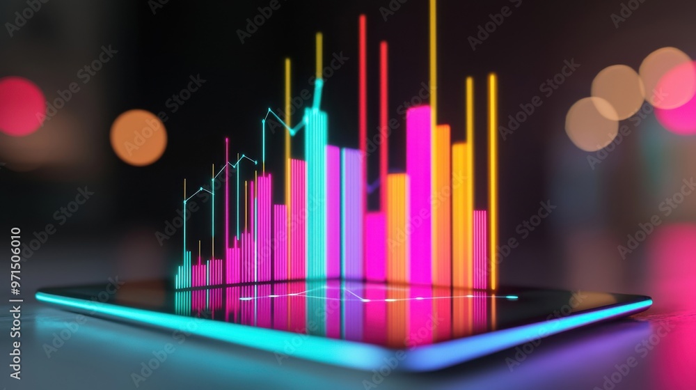 A digital graph coming out of a tablet, with lines and bars growing ...