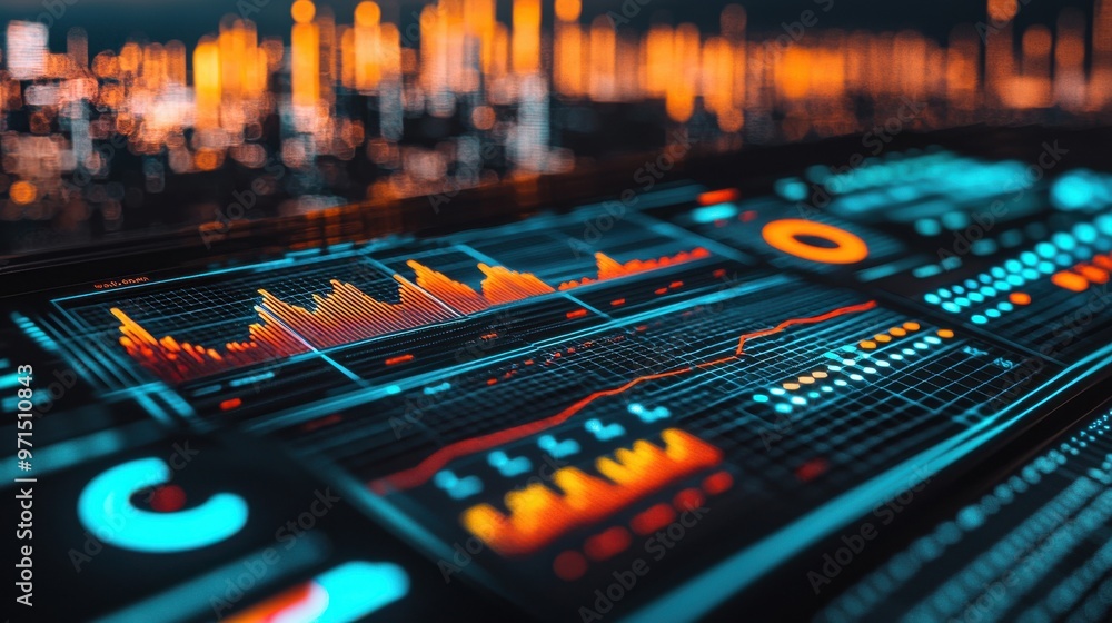 A glowing digital dashboard with multiple data charts and graphs, floating in midair, with a ...