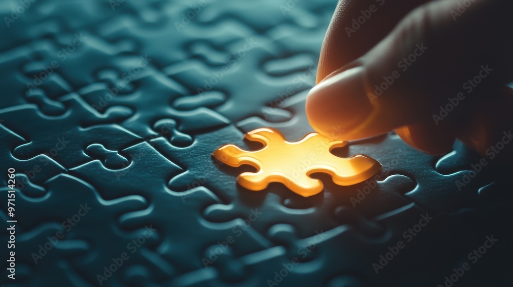 A hand holding a glowing puzzle piece being placed into a large, nearly ...