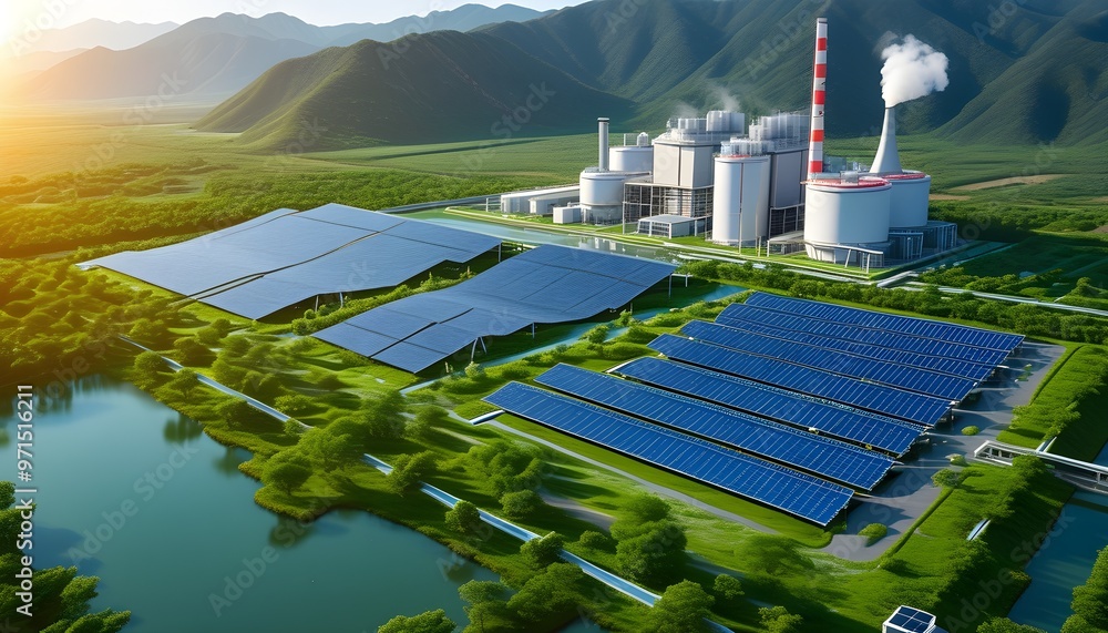 sustainable eco factory featuring solar cells, advanced wastewater ...