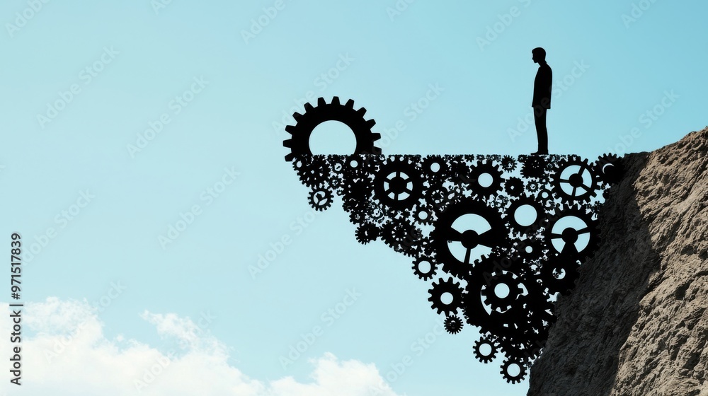 A human silhouette standing on one side of a gap with scattered ...