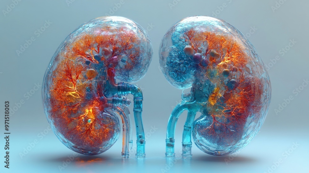 Realistic representation of colorful human kidneys left and right. Each ...