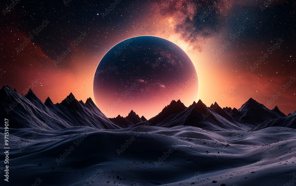 Futuristic alien landscape with bold colors, a massive ringed planet ...