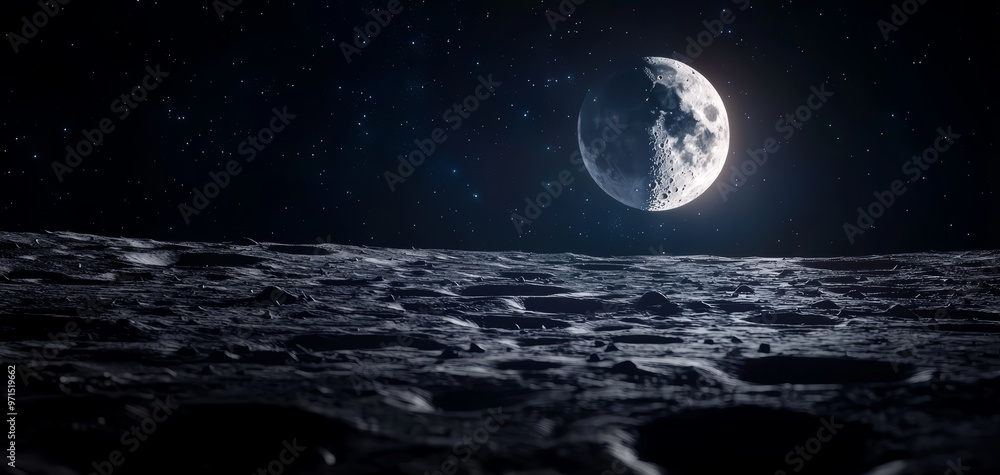 Hyper-detailed moon surface with craters, close-up of the horizon with ...