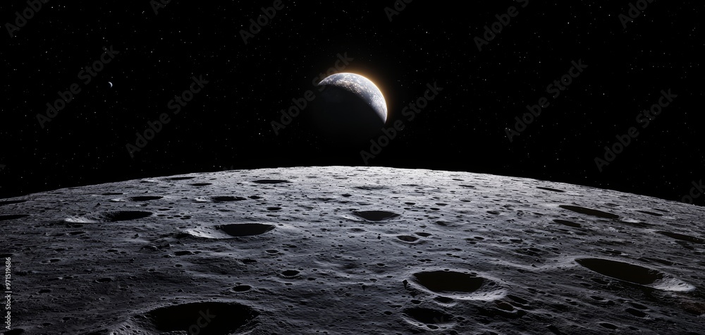 Hyper-detailed moon surface with craters, close-up of the horizon with ...