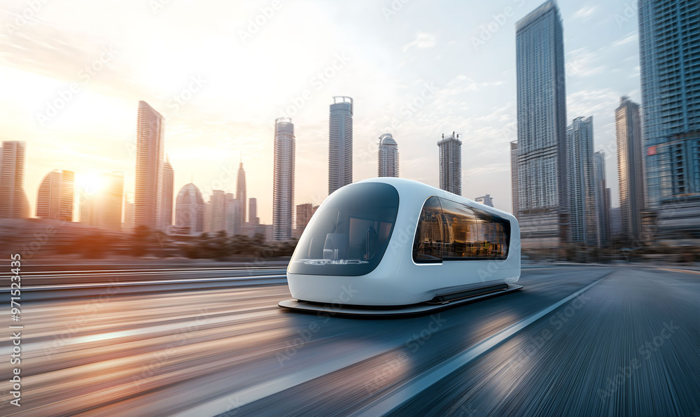 Electric and autonomous bus against futuristic cityscape. Self driving ...