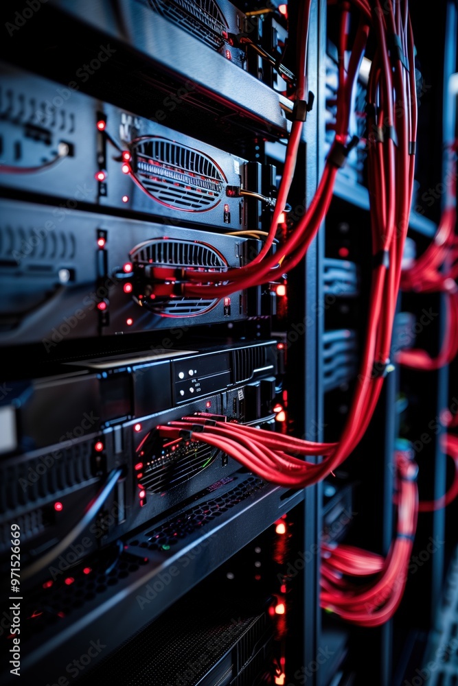 Server rack filled with black servers and red cables, illuminated by ...