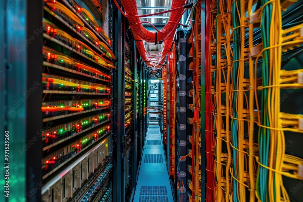 Narrow corridor lined with server racks and colorful cables ...