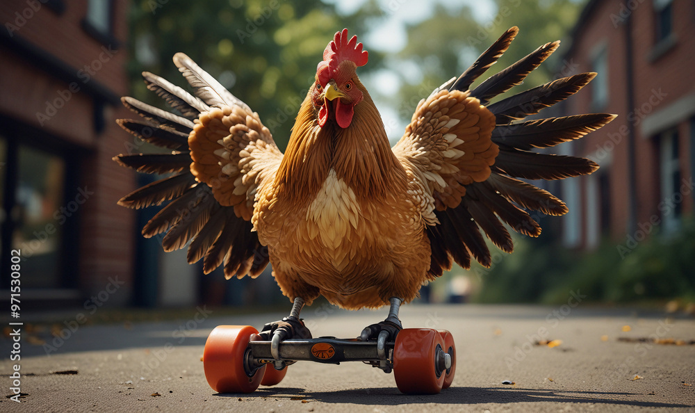 Funny Scene of a Huge Chicken on Roller Skates, Balancing with Wildly ...