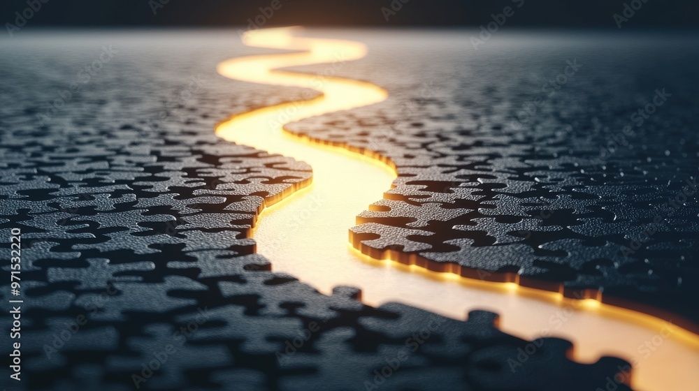 A road made of interlocking puzzle pieces, with one segment illuminated ...