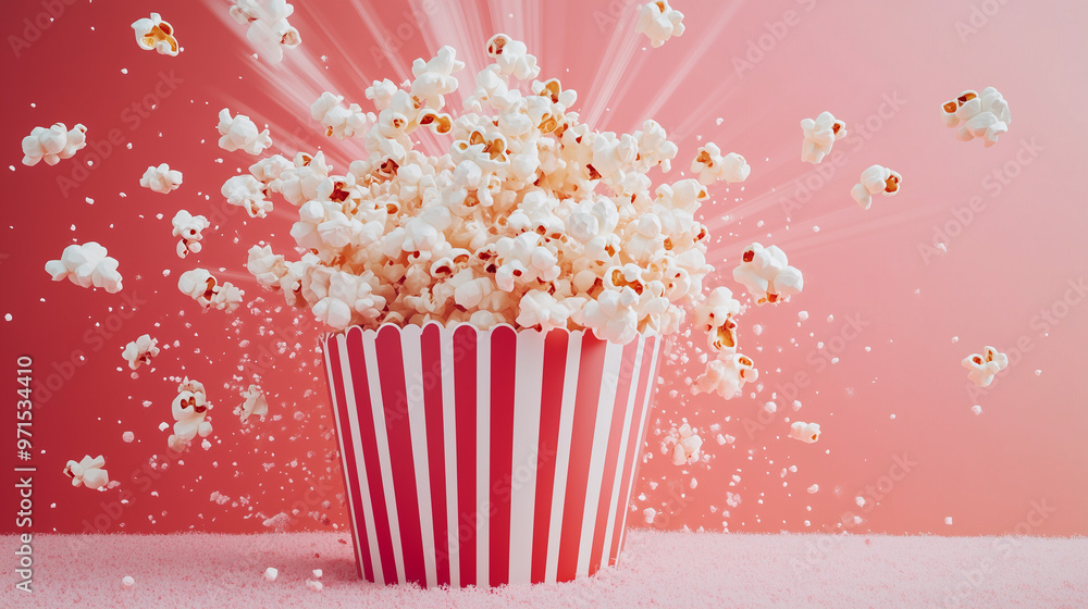 Exploding popcorn from striped red and white bucket against a pink ...
