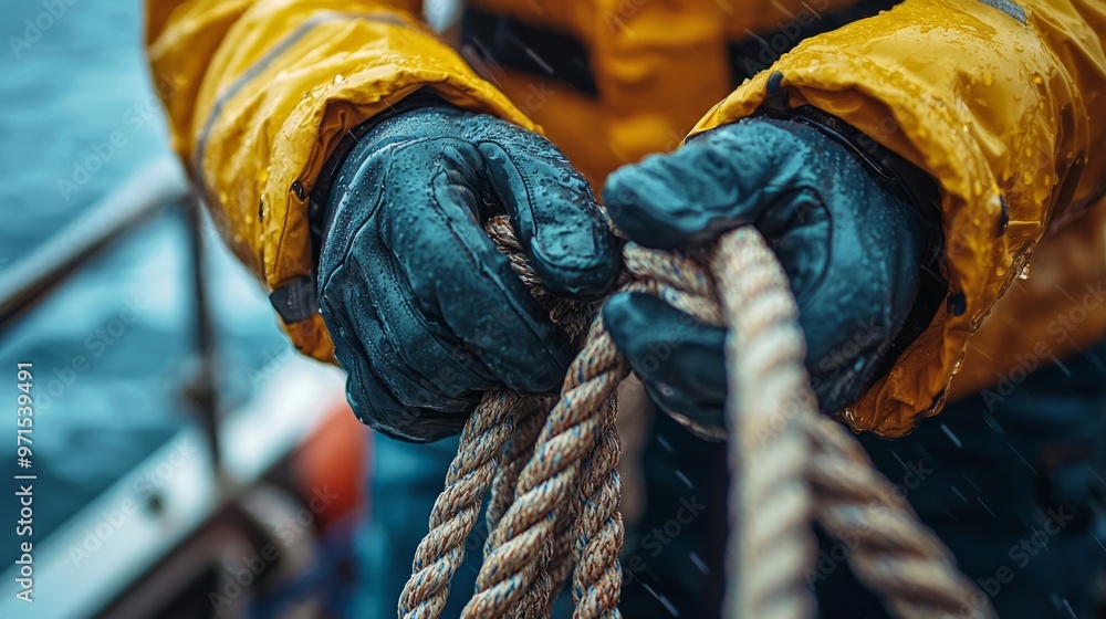 Detail of hands cleating off superyacht mooring lines on the foredeck ...