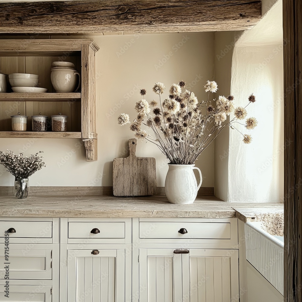 Rustic Farmhouse Kitchen with Dried Flowers and White Cabinets ...