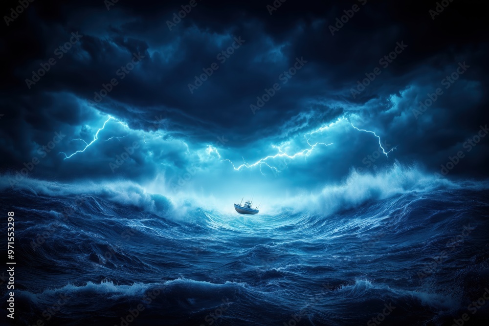 Tempest's Fury: A lone boat braves a tempestuous sea, dwarfed by ...