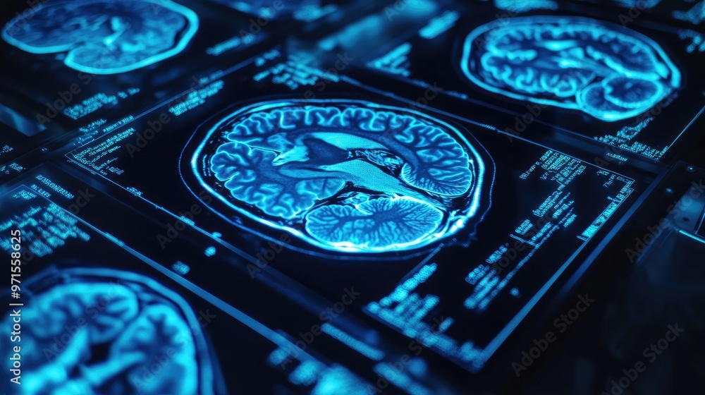 A close-up view of multiple MRI scans of the human brain, showcasing ...