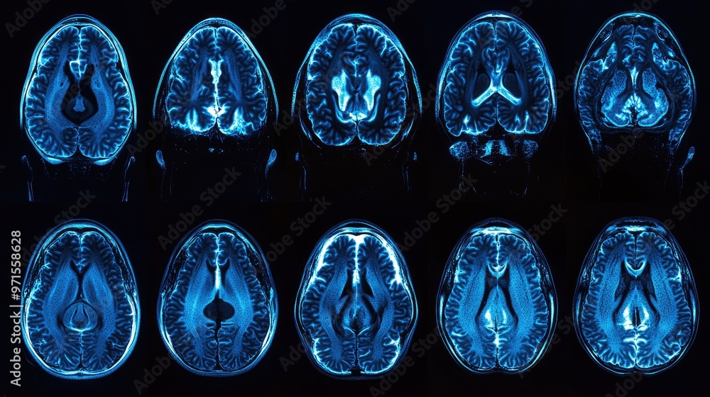 A series of MRI scans of a human brain, showing different views of the ...