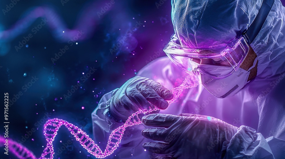 Scientist in protective gear analyzes DNA structure, showcasing ...