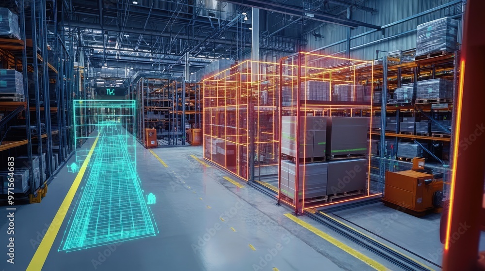 Modern warehouse interior with automated guided vehicles and digital ...