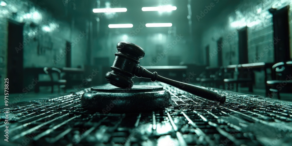 Gavel placed on a cold metal prison bench, symbolizing guilt and ...