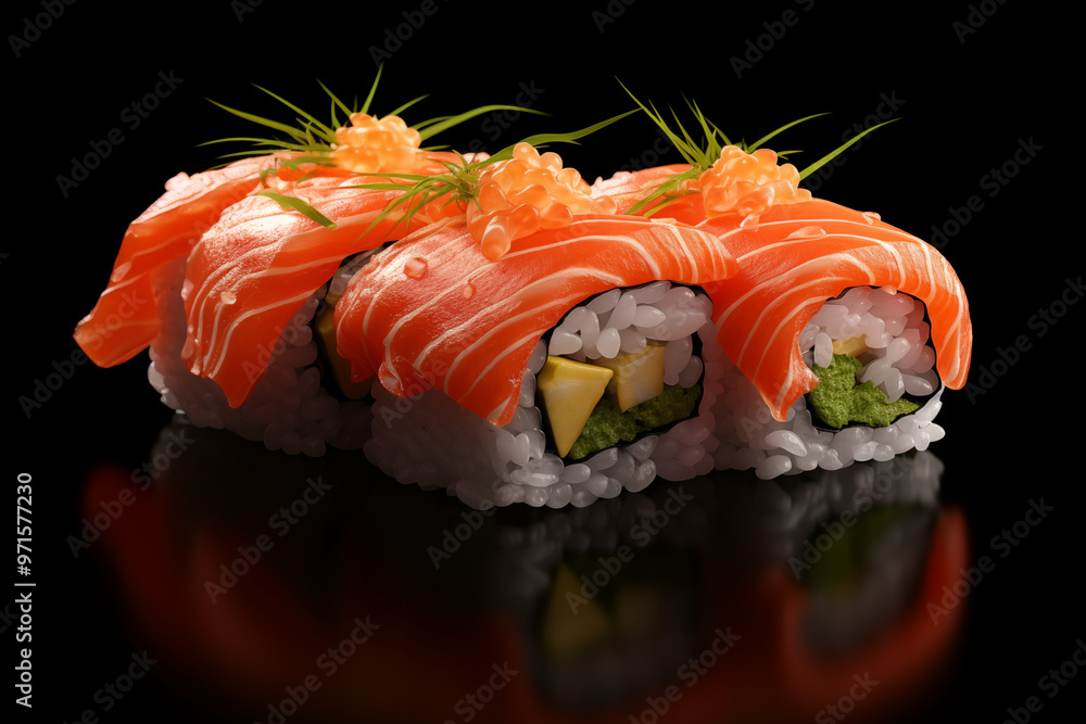 Sushi on black background. Sushi themes. Asian cuisine themes. Asian ...