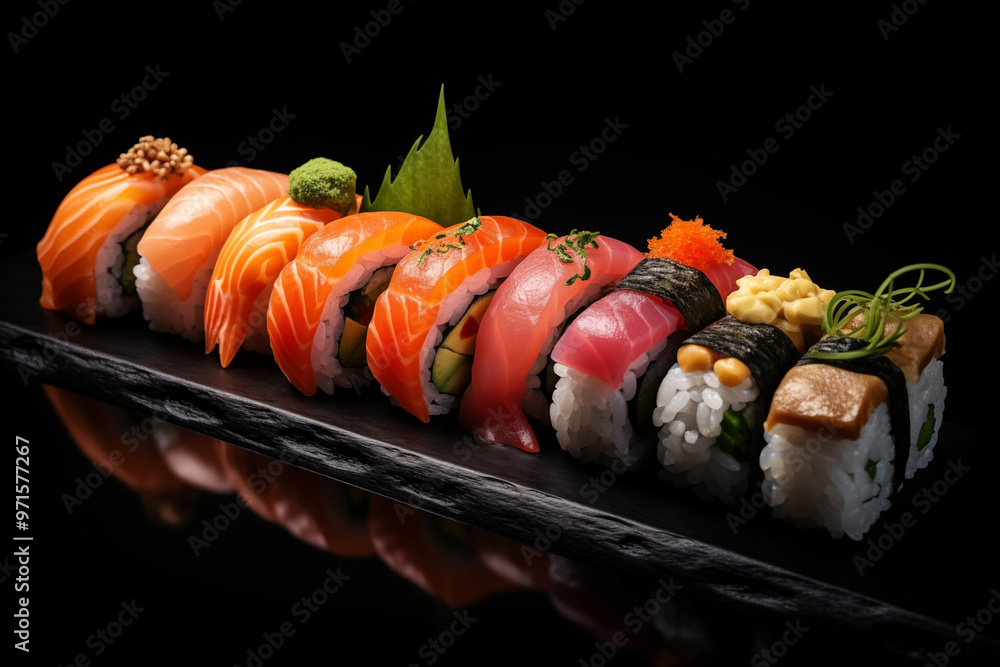 Sushi on black background. Sushi themes. Asian cuisine themes. Asian ...
