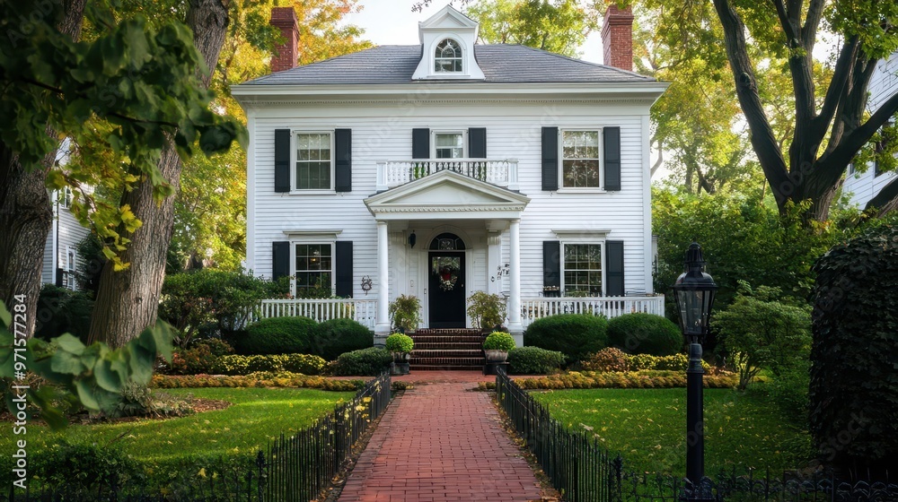 classic new england architecture featuring a pristine white clapboard ...