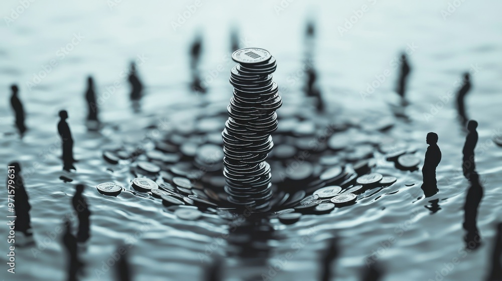 Sinking Coin Tower: A tower made of stacked coins slowly sinking into ...