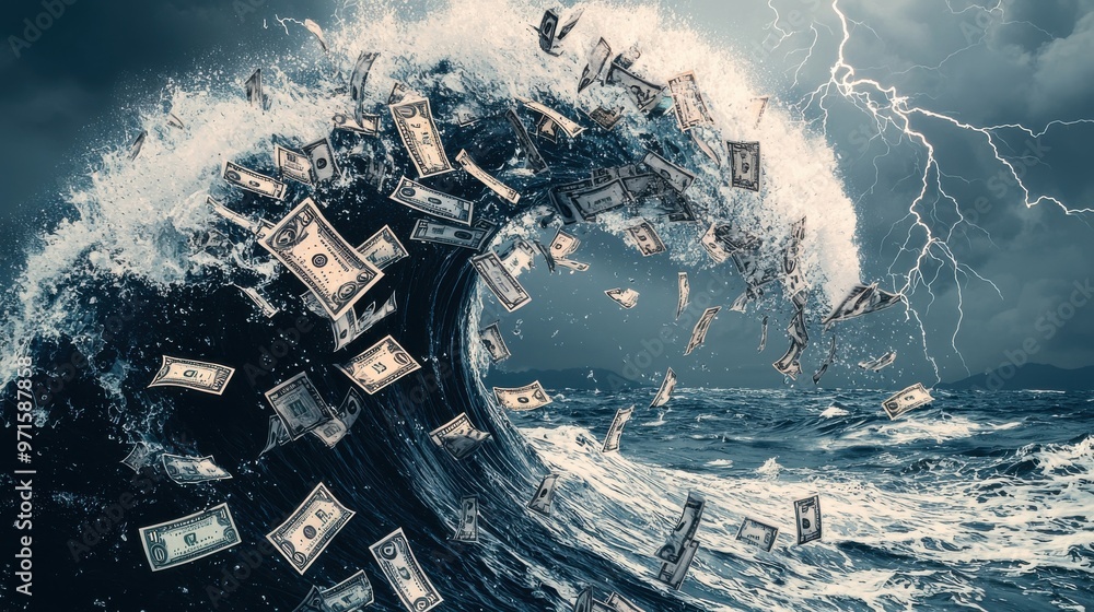Turbulent Waves of Economy: A stock chart is depicted as a violent ...