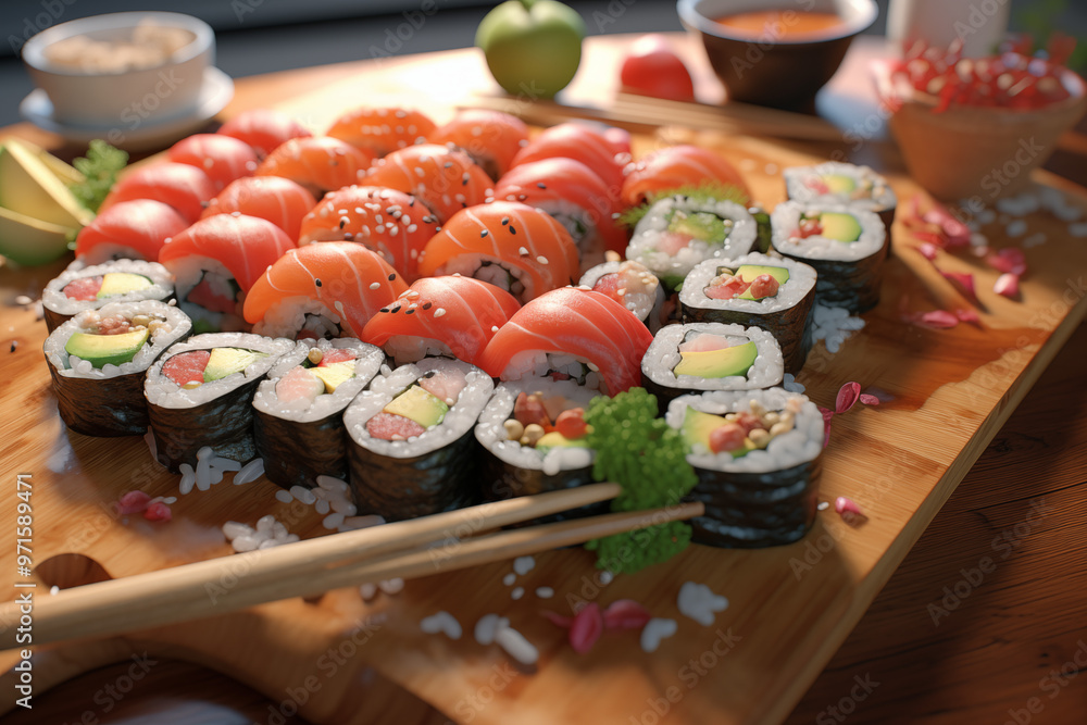 Sushi presentation on a table. Sushi themes. Asian cuisine themes ...