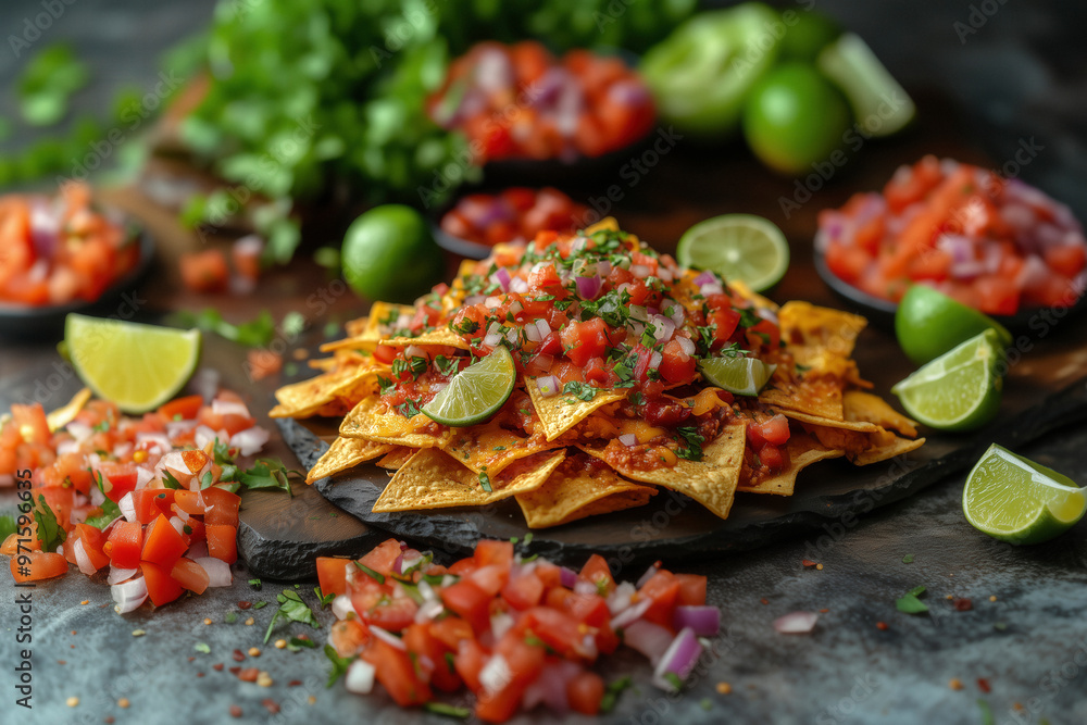 Nachos. Crispy tortilla chips piled with melted cheese, jalape?os ...