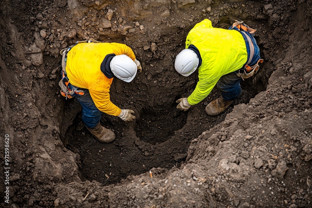 Using a muddy trench as a trenching site, workers manage digging and ...