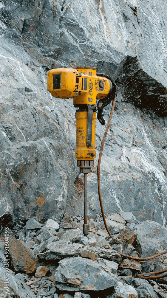 Handheld rock drill used in rugged mountain environment, showcasing its ...