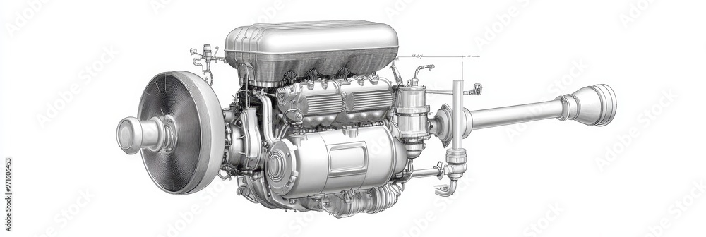 A detailed black and white illustration of a V8 engine diagram ...