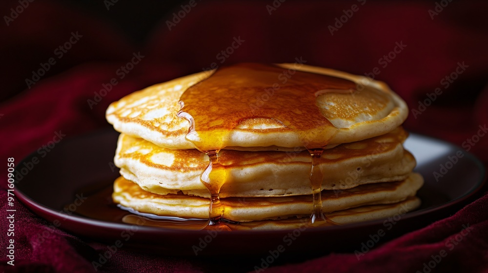 Golden brown pancakes with a generous pour of maple syrup, placed on a ...