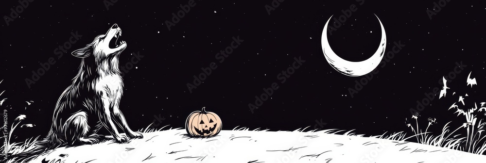 A single-line illustration of a werewolf howling at the crescent moon ...