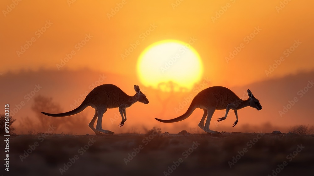 Two kangaroos leap across the Australian outback as the sun sets in a ...