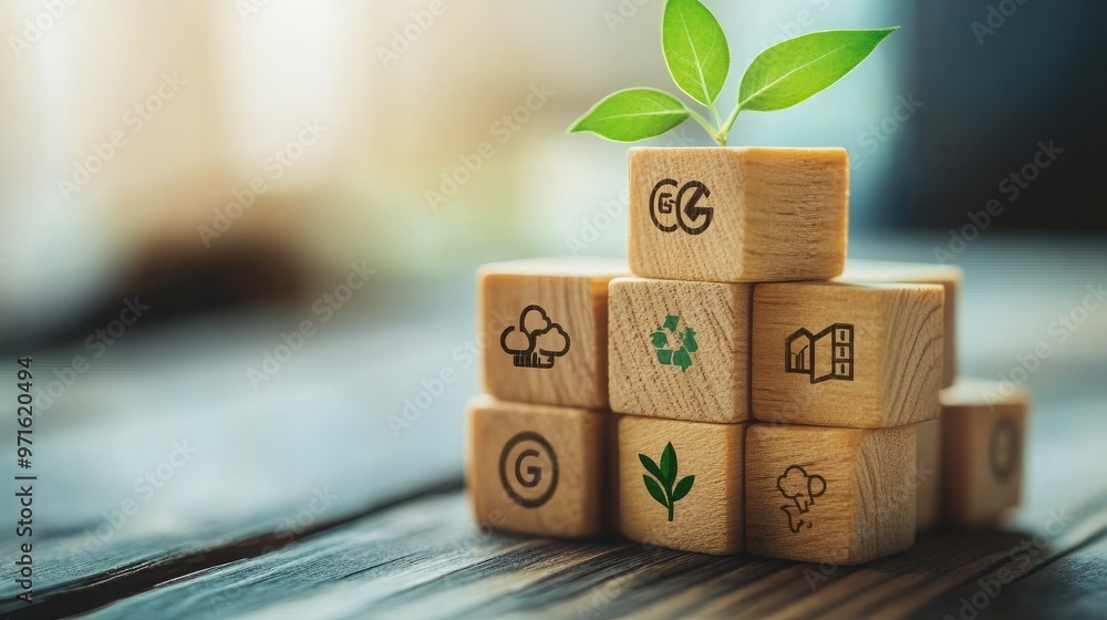 Wooden blocks with sustainability symbols and a plant growing on top ...