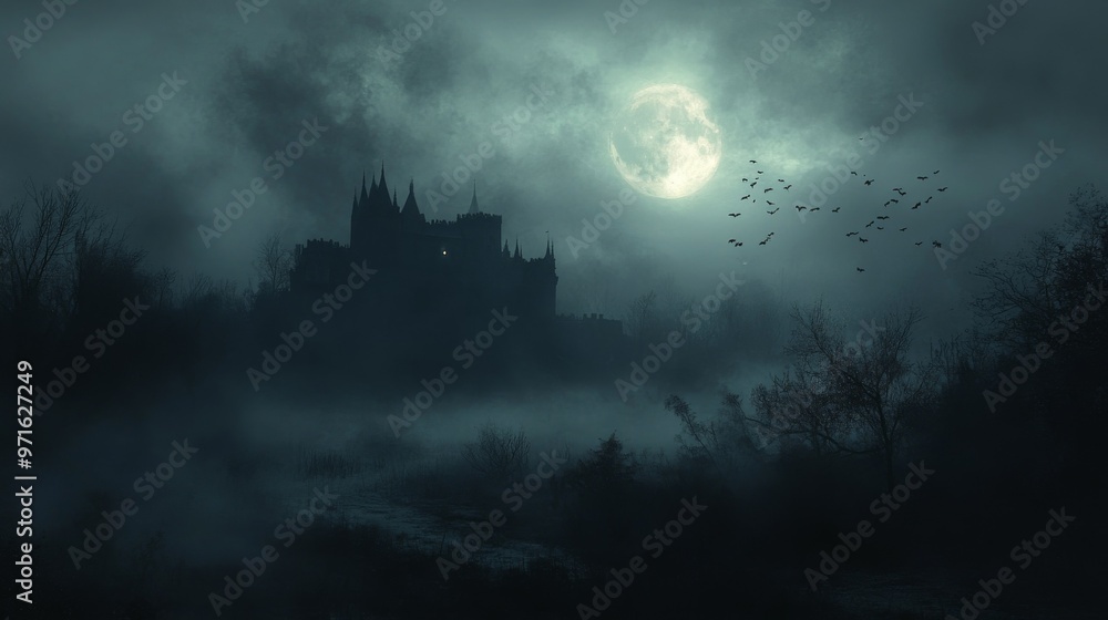 Spooky old medieval castle: Ancient eerie castle on mountain, swarm of ...